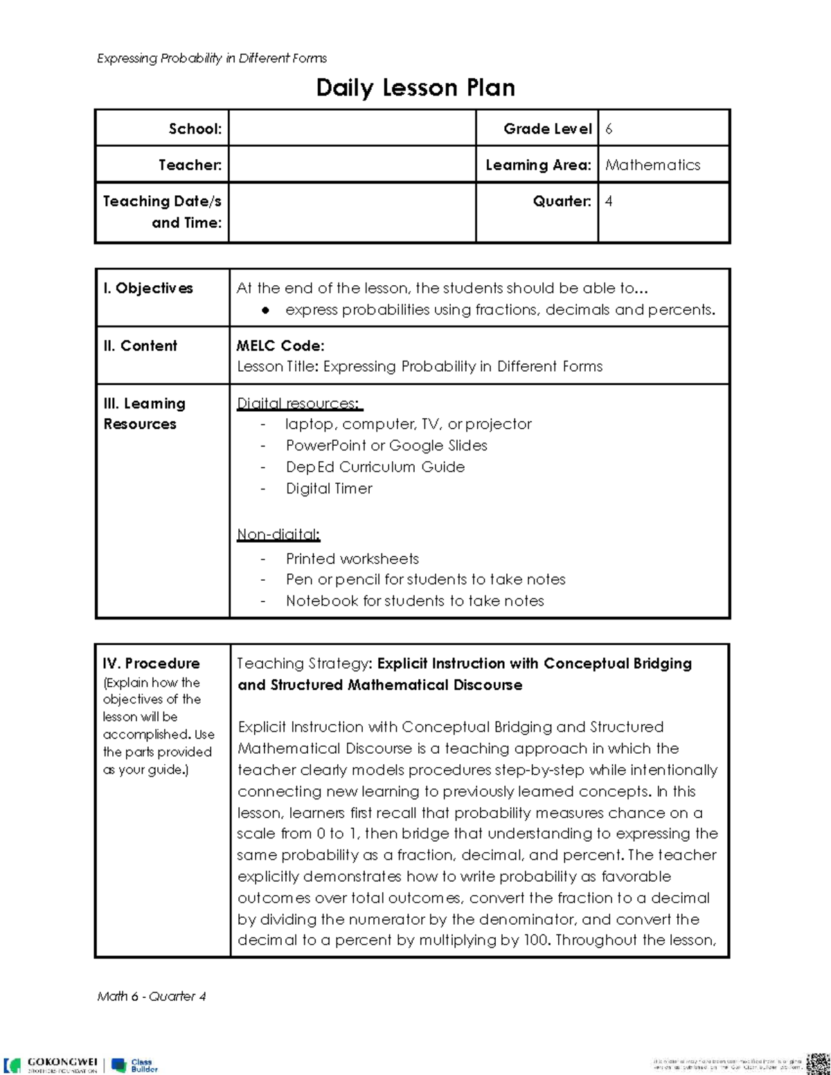 M6Q4L23 Daily Lesson Plan: Expressing Probability in Various Forms ...