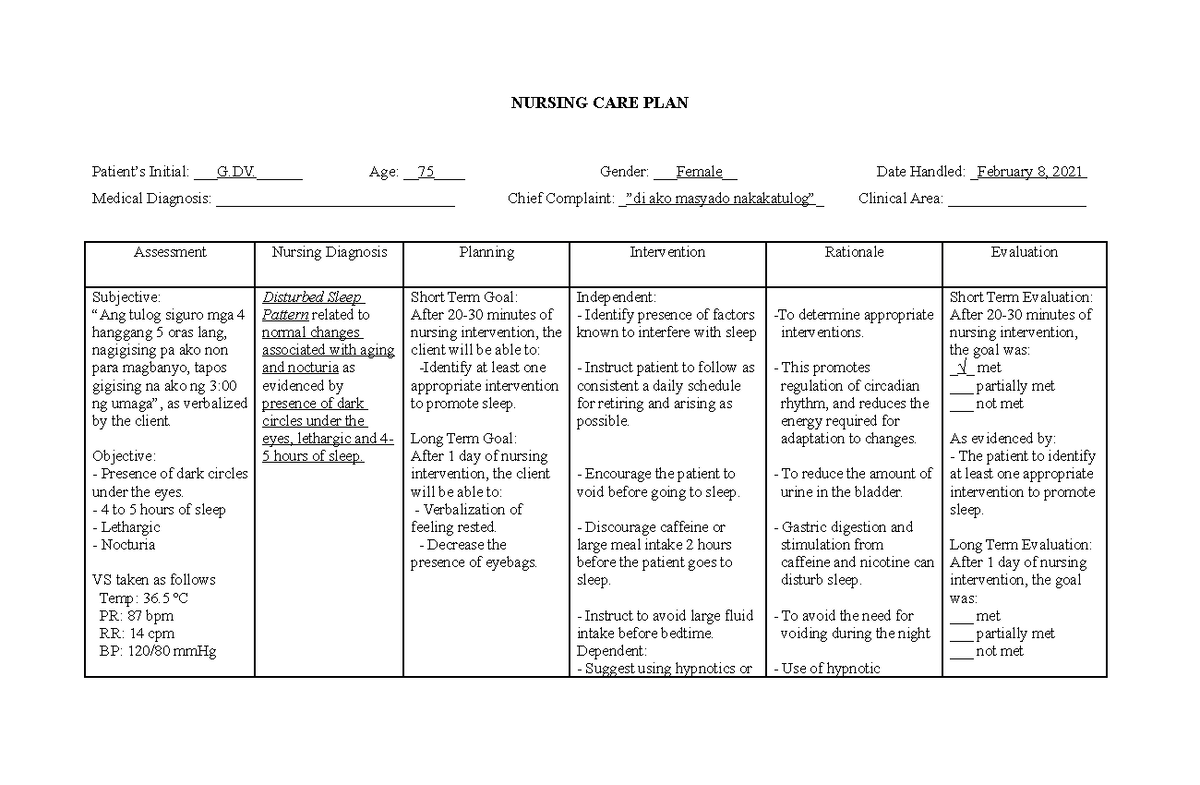 Healthcare - Nursing Care Plan for Disturbed Sleep Pattern (75 y/o ...