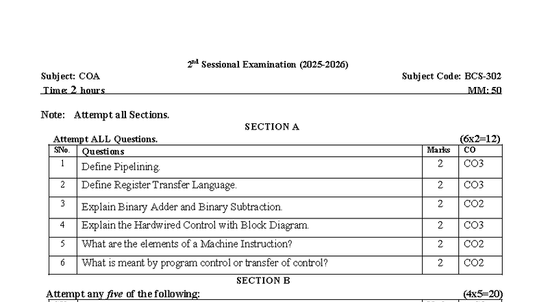 COA 2nd Sessional Exam Notes - Pipelining, Control Units & More - Studocu