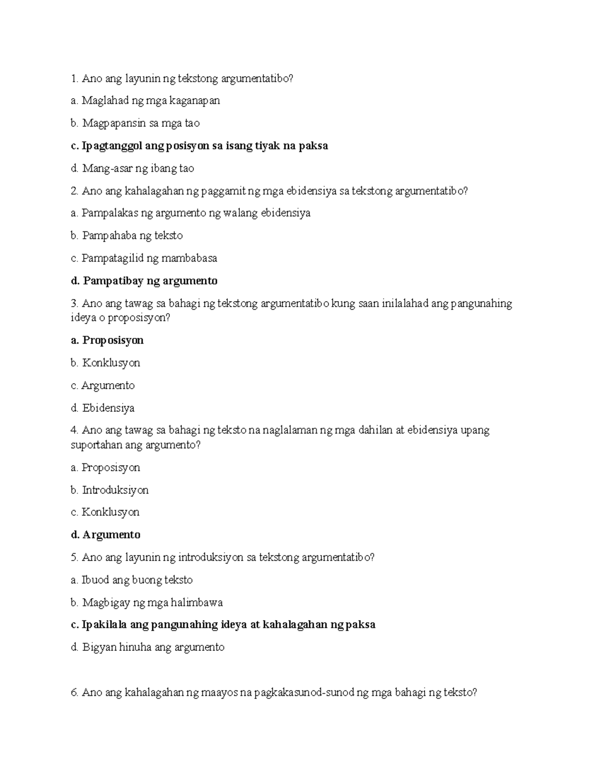 QUIZ SA WIKANG FILIPINO: TEKSTONG ARGUMENTATIBO AT PROSIDYURAL - Studocu
