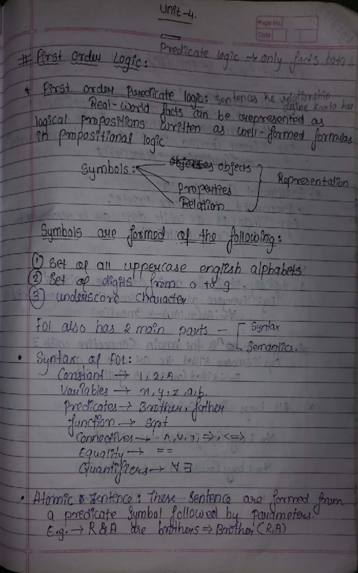 AI Unit-4: First Order Logic and Predicate Logic Notes - Studocu