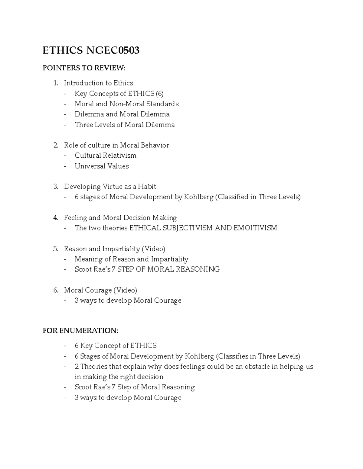 ETHICS NGEC0503 Midterm Exam Review: Key Concepts & Moral Dilemmas - Studocu
