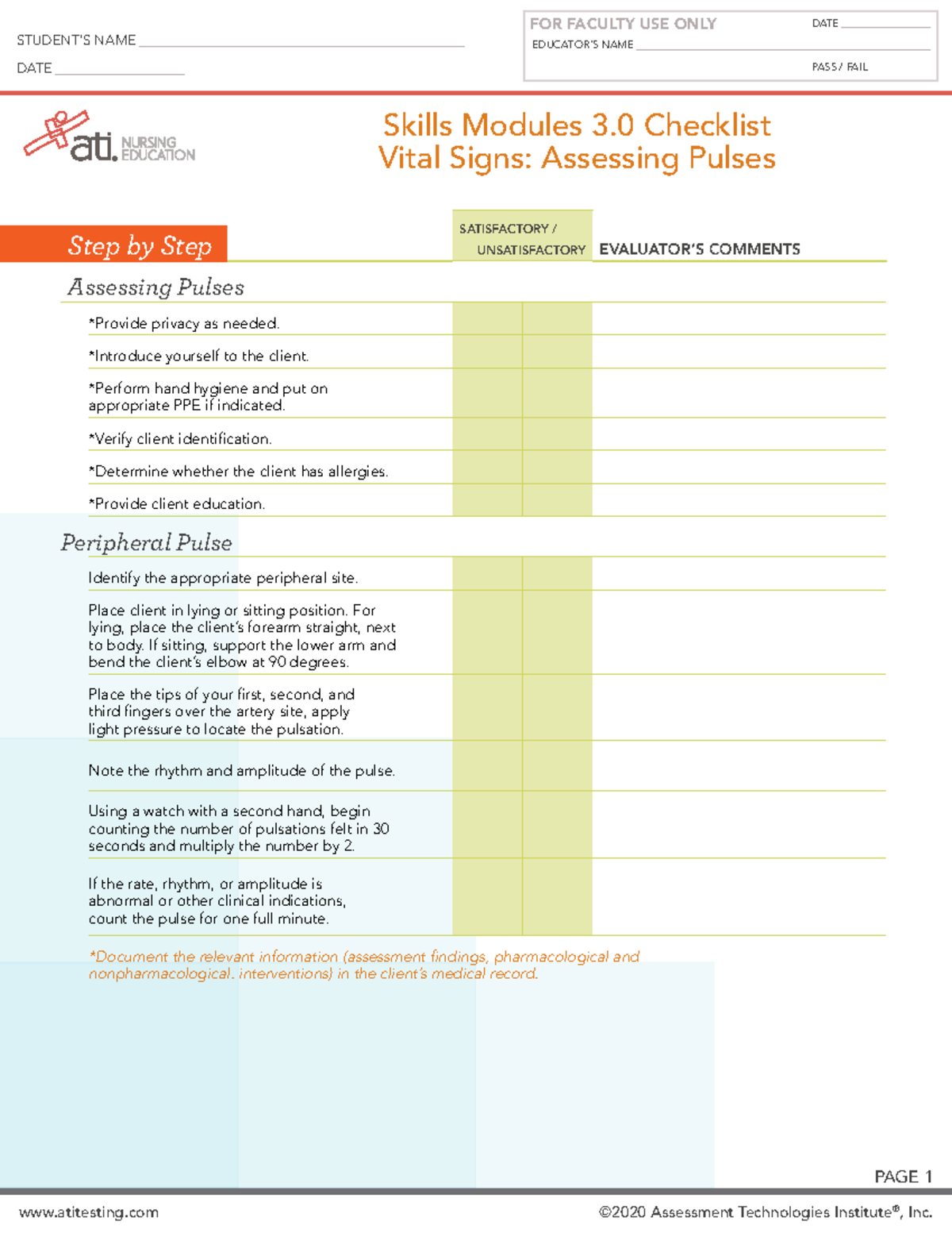 NURSING EDUCATION IL: Skills Checklist for Vital Signs - Pulses - Studocu