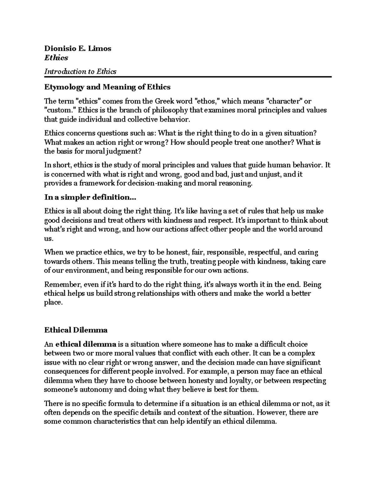 Introduction to Ethics: Key Concepts and Ethical Dilemmas - Studocu