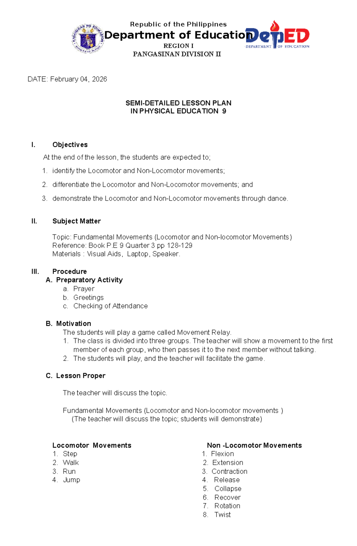 P.E. 9 Lesson Plan: Fundamental Movements & Locomotor Skills - Studocu