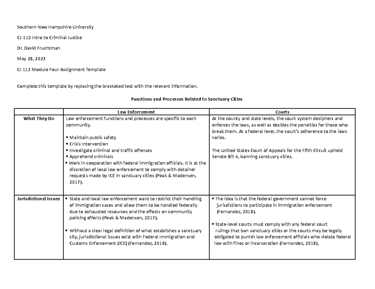 CJ 112 Module Four Assignment: Examining Sanctuary Cities' Impact - Studocu