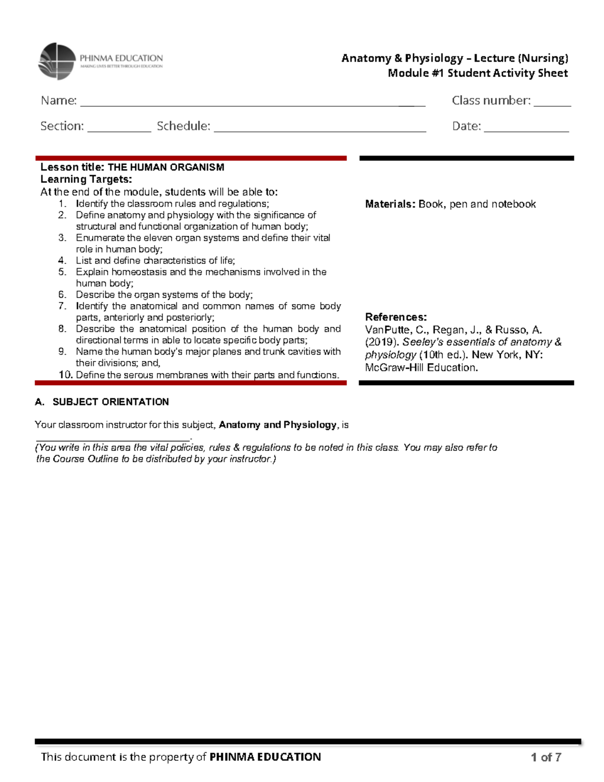 Anaphy Lecture Module 1: The Human Organism - Key Concepts & Activities ...