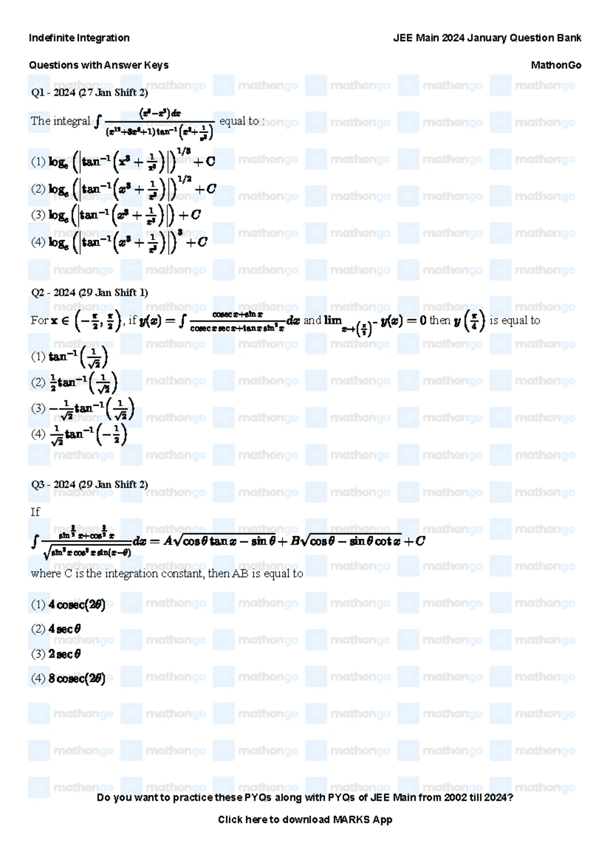 Differentiation Question Bank - JEE Main 2024 January - Mathon Go - Studocu