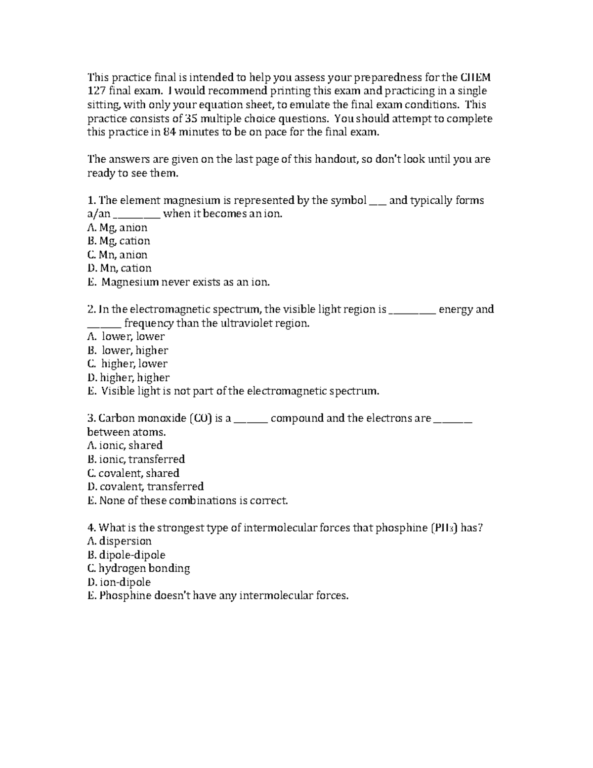 CHEM 127 Practice Final Exam - Studocu
