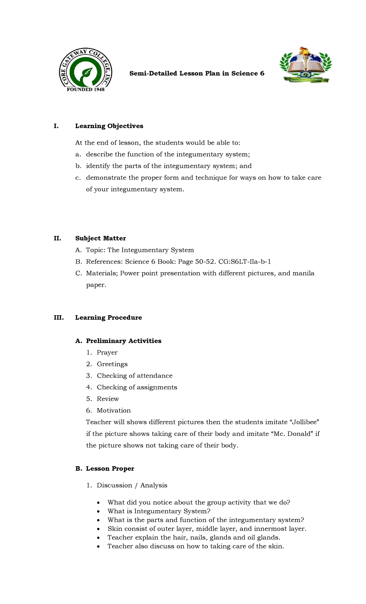 Integumentary System Copy - Copy - Semi-Detailed Lesson Plan in Science ...