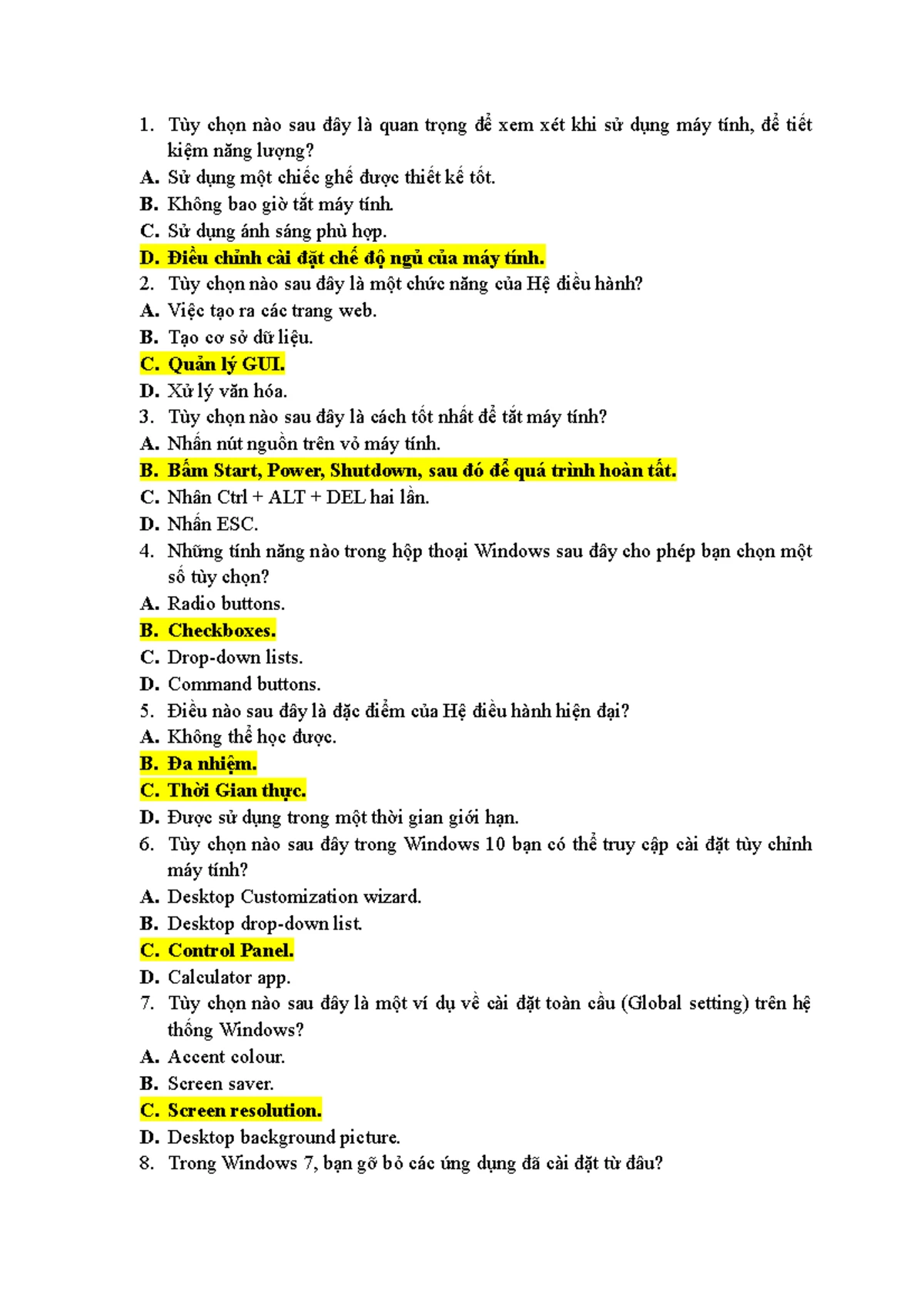 250 câu hỏi trắc nghiệm và đáp án tin học ôn thi IC3 theo từng modun ...