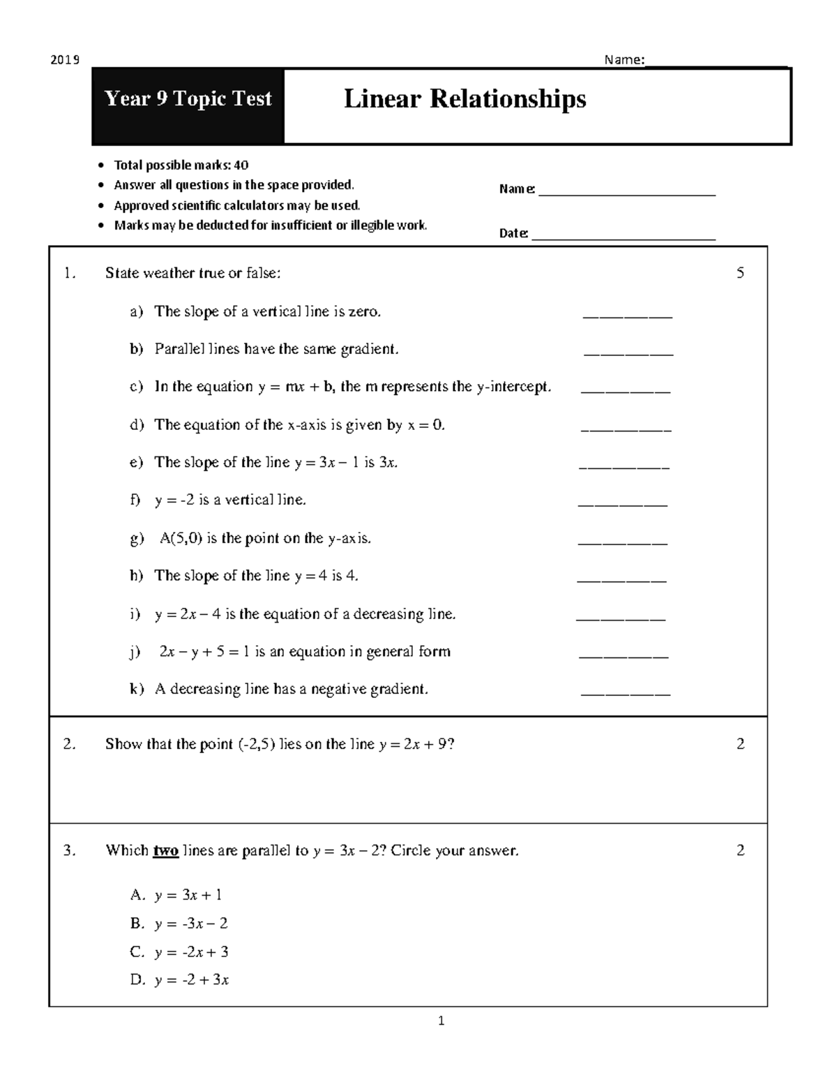 2019 Year 9 Linear Relationships Topic Test - Total Marks: 40 - Studocu