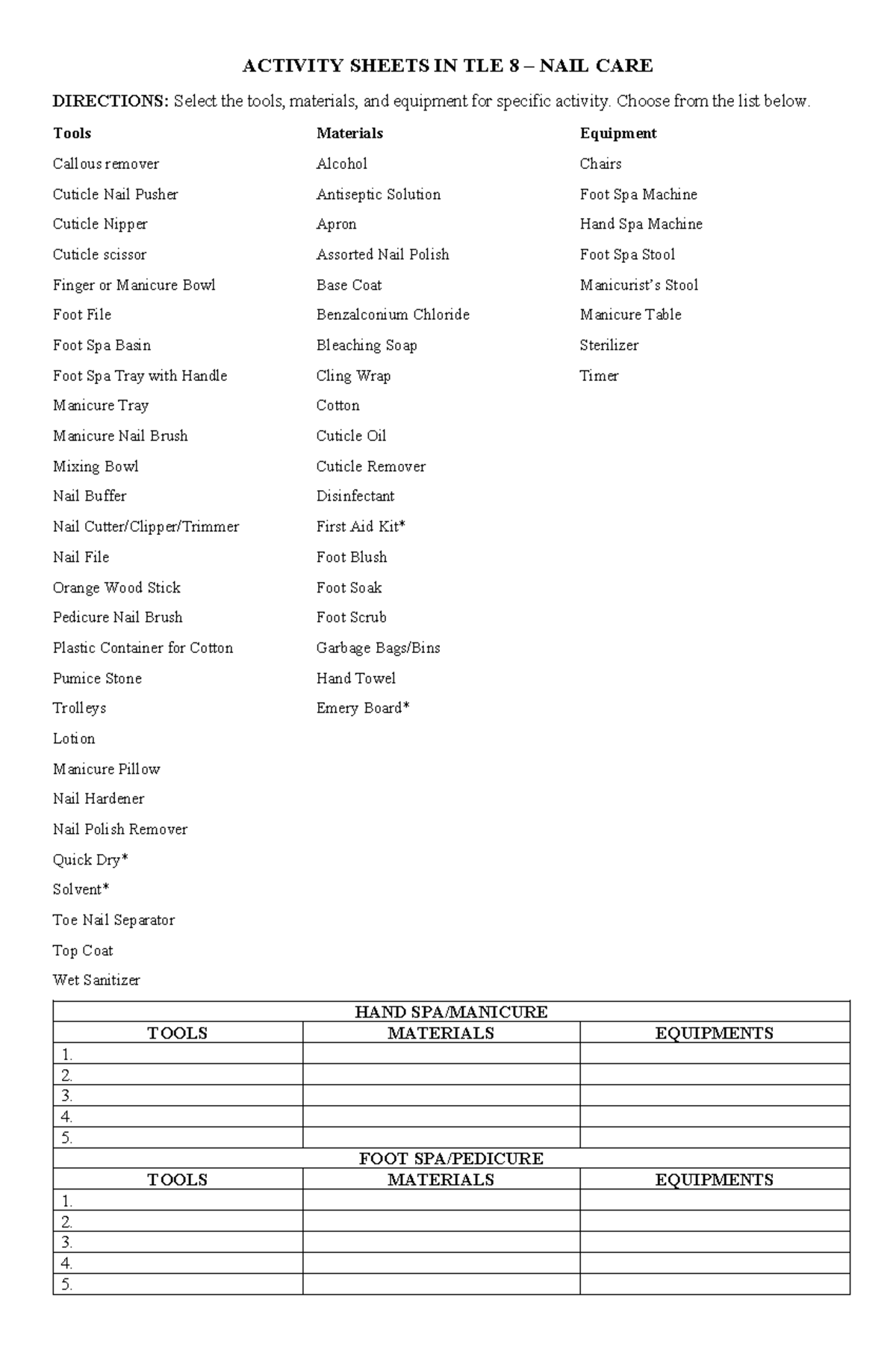 Activity Sheets IN TLE 8 - ACTIVITY SHEETS IN TLE 8 – NAIL CARE ...