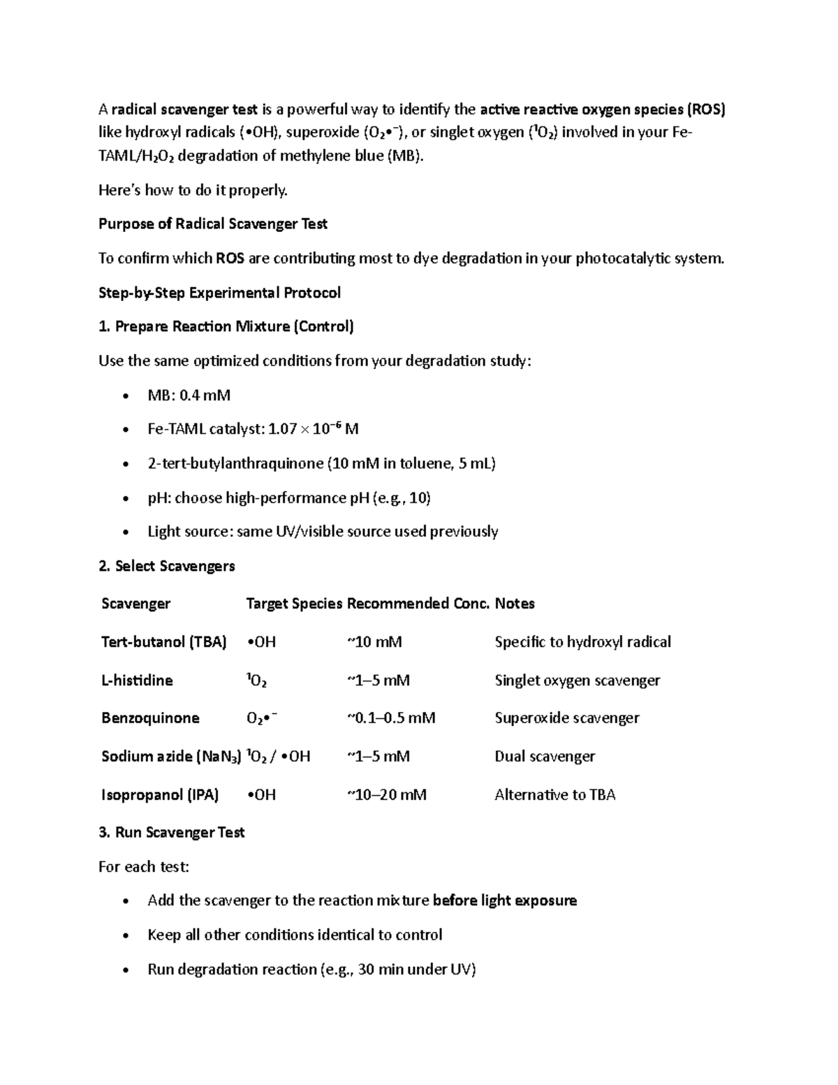 Radical Scavenger Test for Identifying ROS in Methylene Blue ...