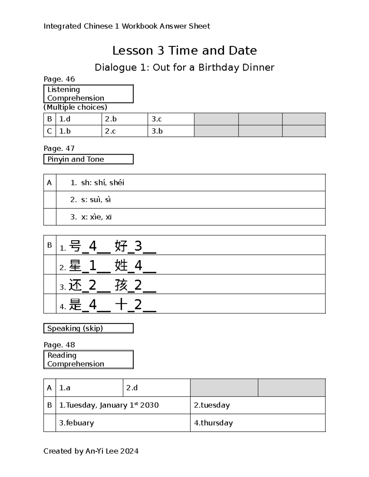 Integrated Chinese 1 Workbook Answer Sheet: Lesson 3 Overview - Studocu