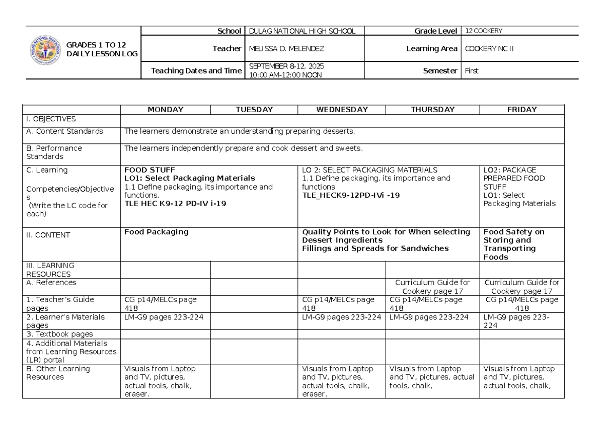 Cookery NC II Lesson Log: Preparing Desserts (Grade 12) - Studocu