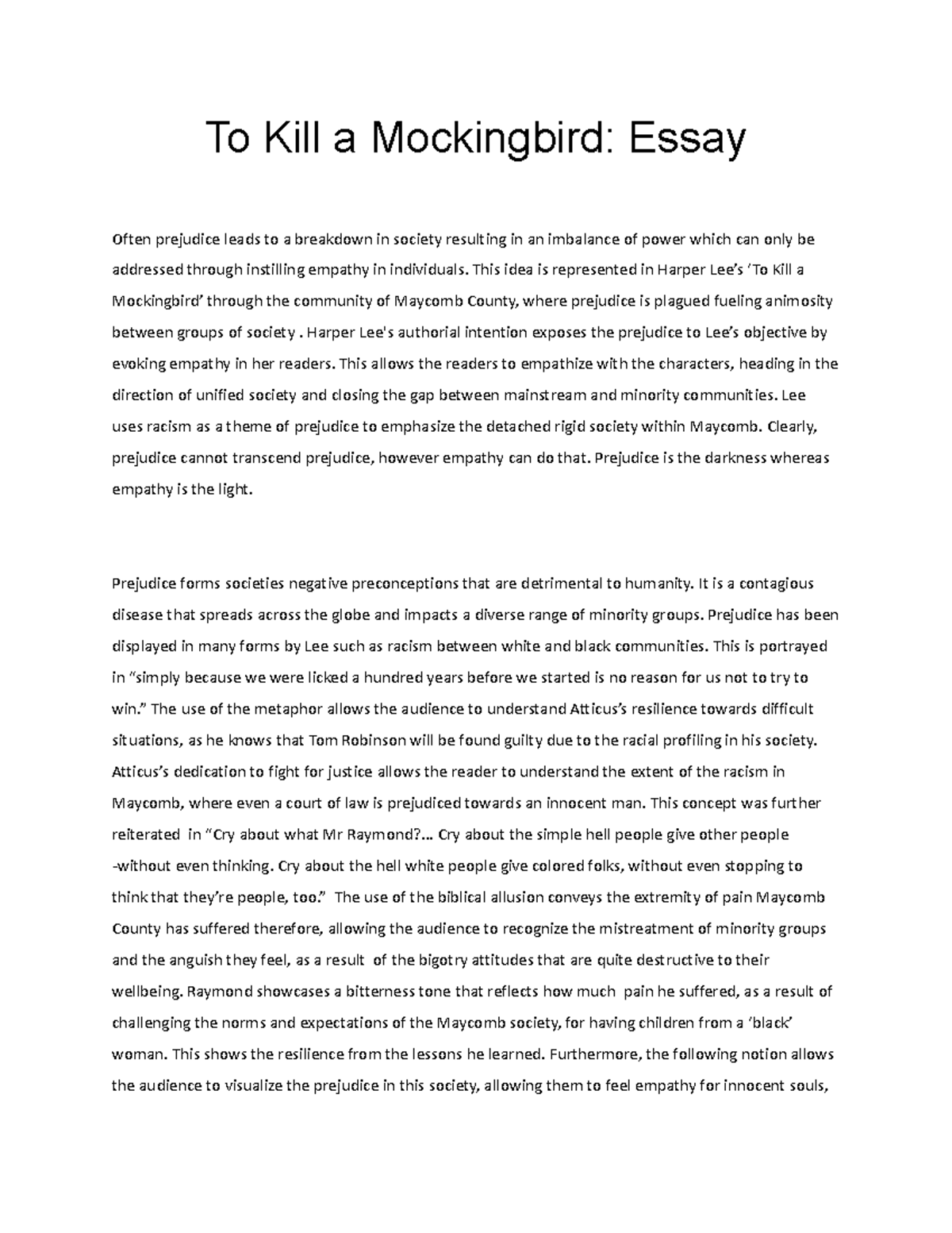 Essay for english exam - To Kill a Mockingbird: Essay Often prejudice ...