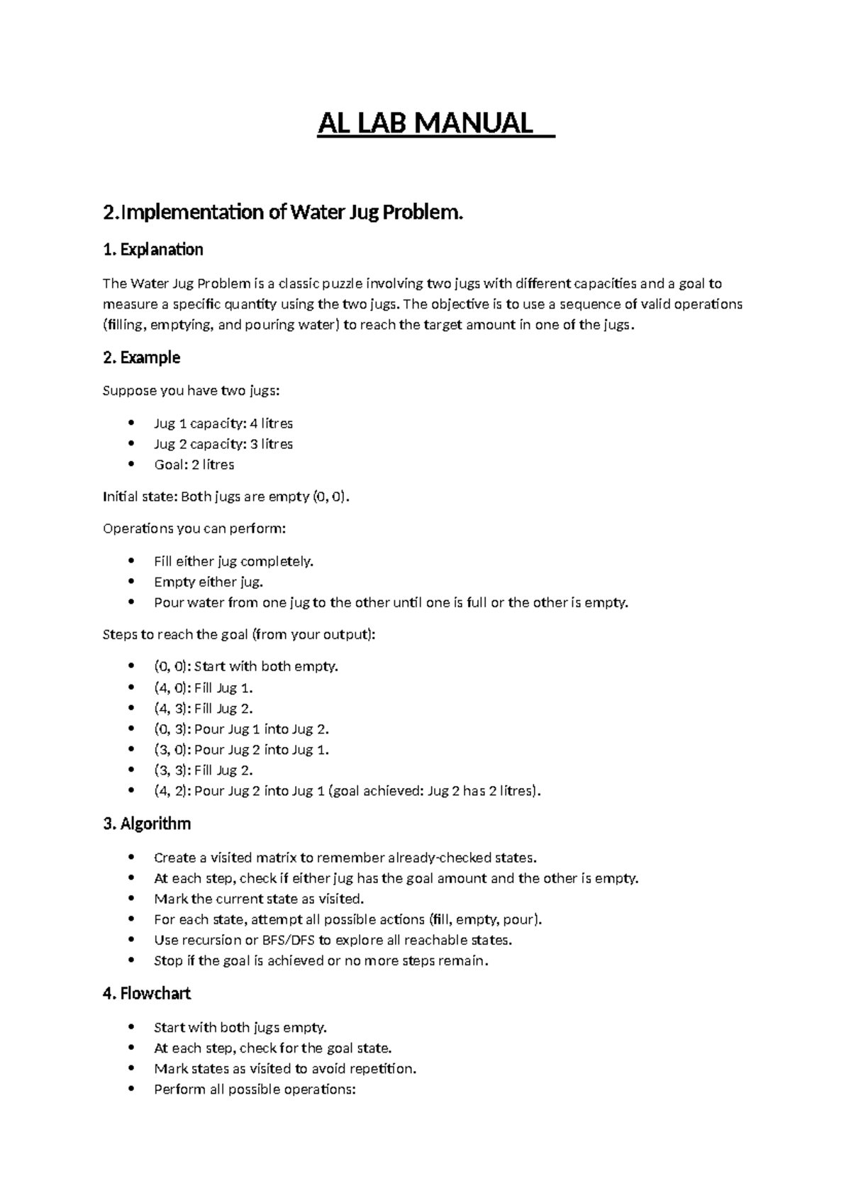 AI LAB Manual: Implementation of Water Jug Problem & Search Algorithms - Studocu