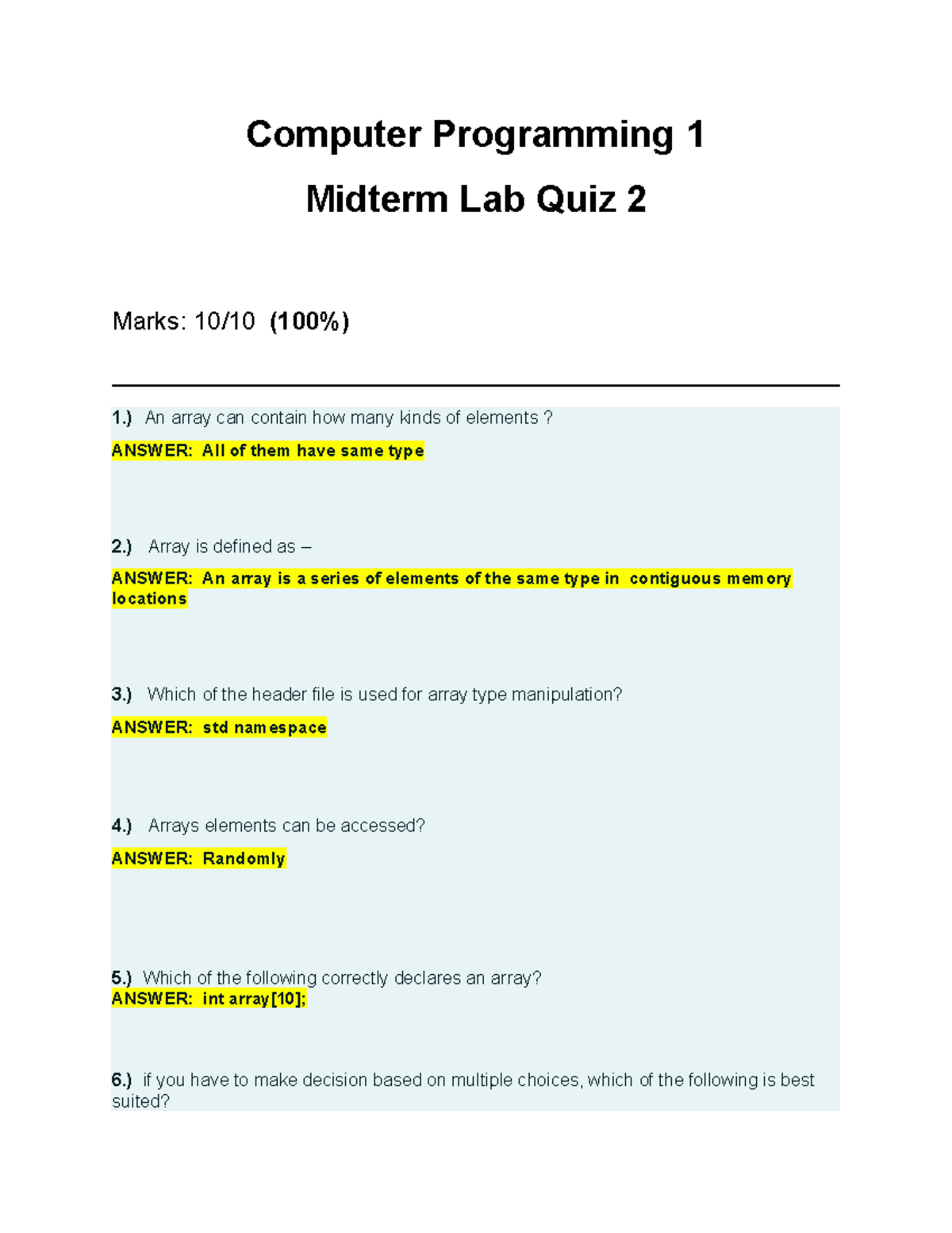 Computer Programming 1 Midterm Lab Quiz 2 An Array Can Contain How