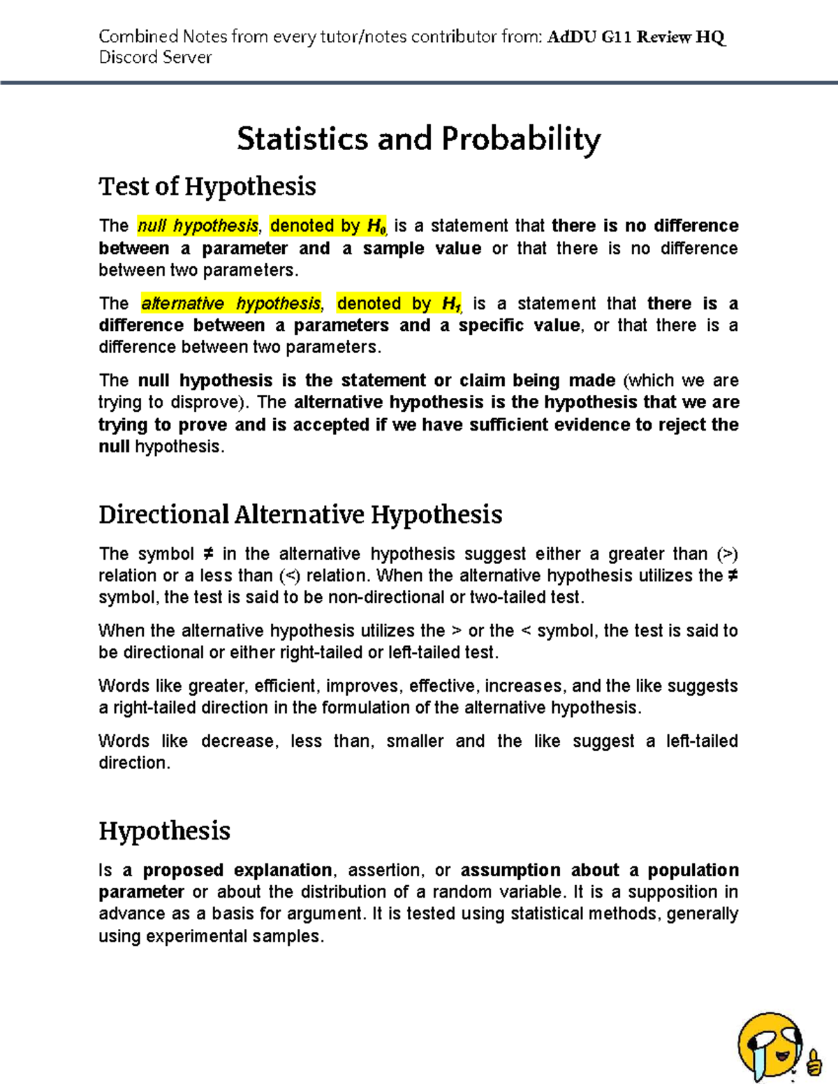 AdDU G11 Statistics & Probability: Hypothesis Testing Notes - Studocu