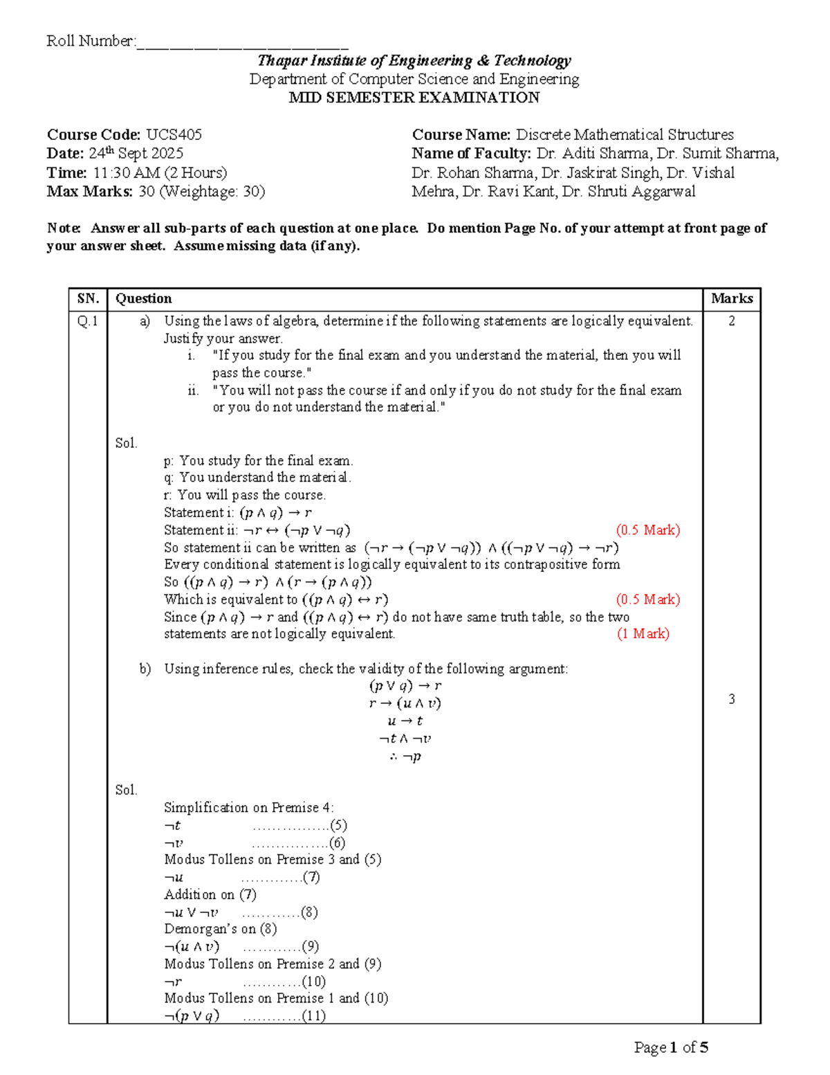 UCS405 - Discrete Mathematical Structures Mid Semester Exam Solutions ...