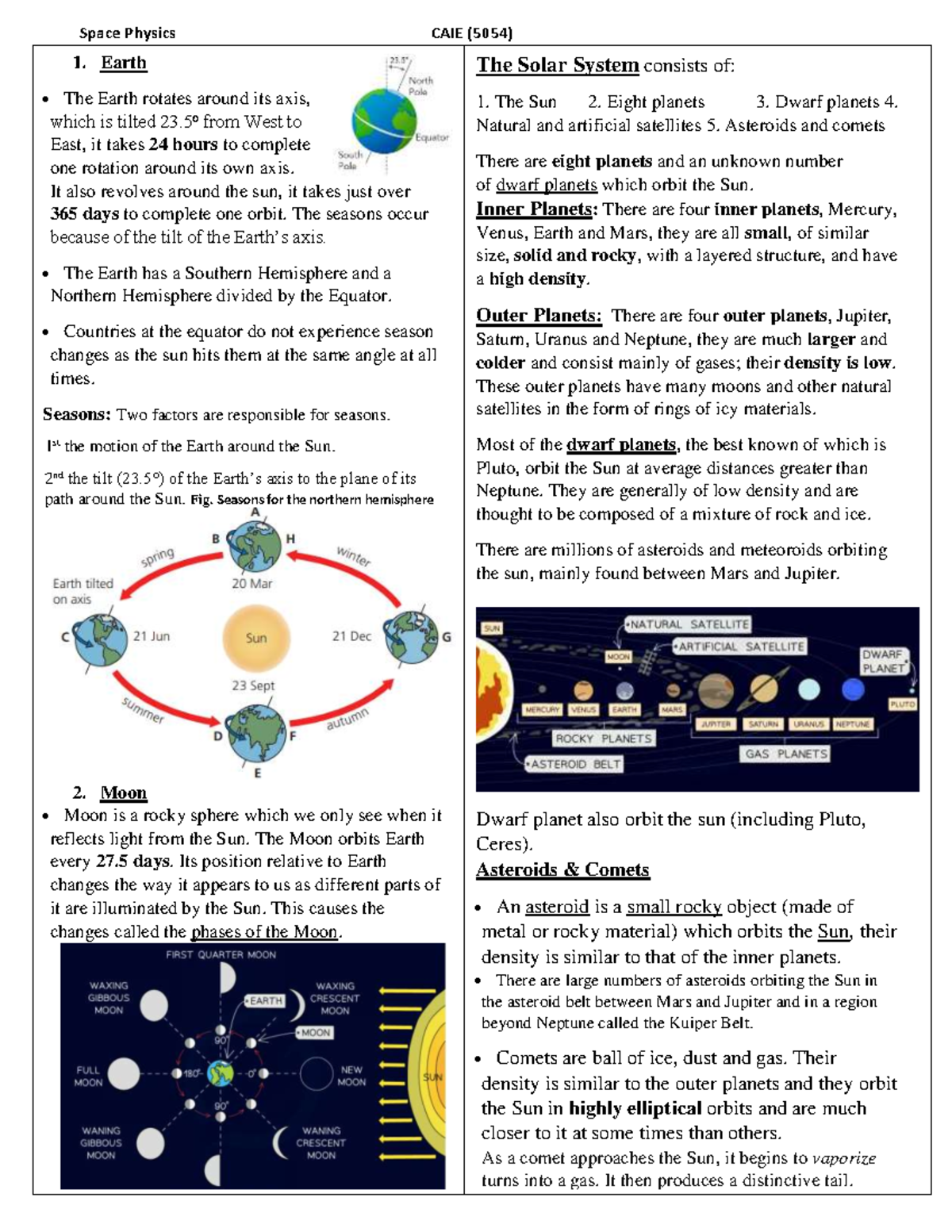 Space Physics CAIE (5054) Notes: Earth, Solar System & Stars - Studocu