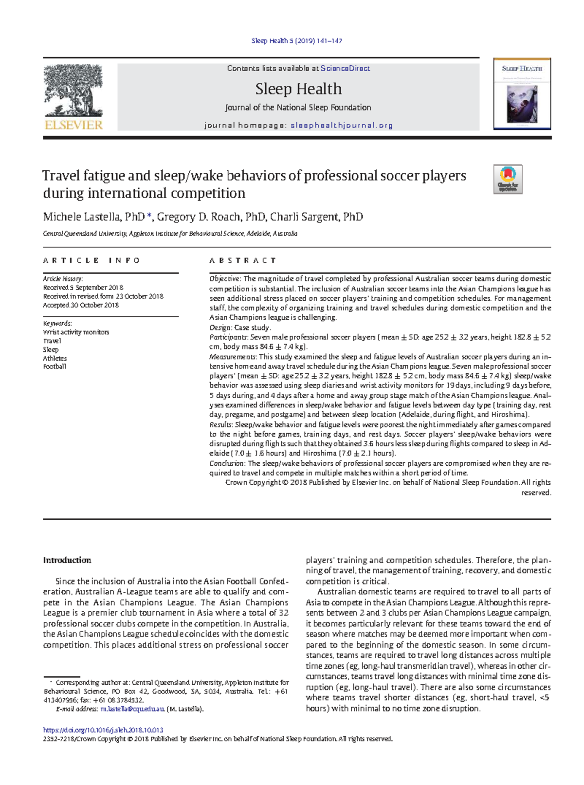 Travel Fatigue and Sleep Disruption in Pro Soccer Players (SAC) - Studocu