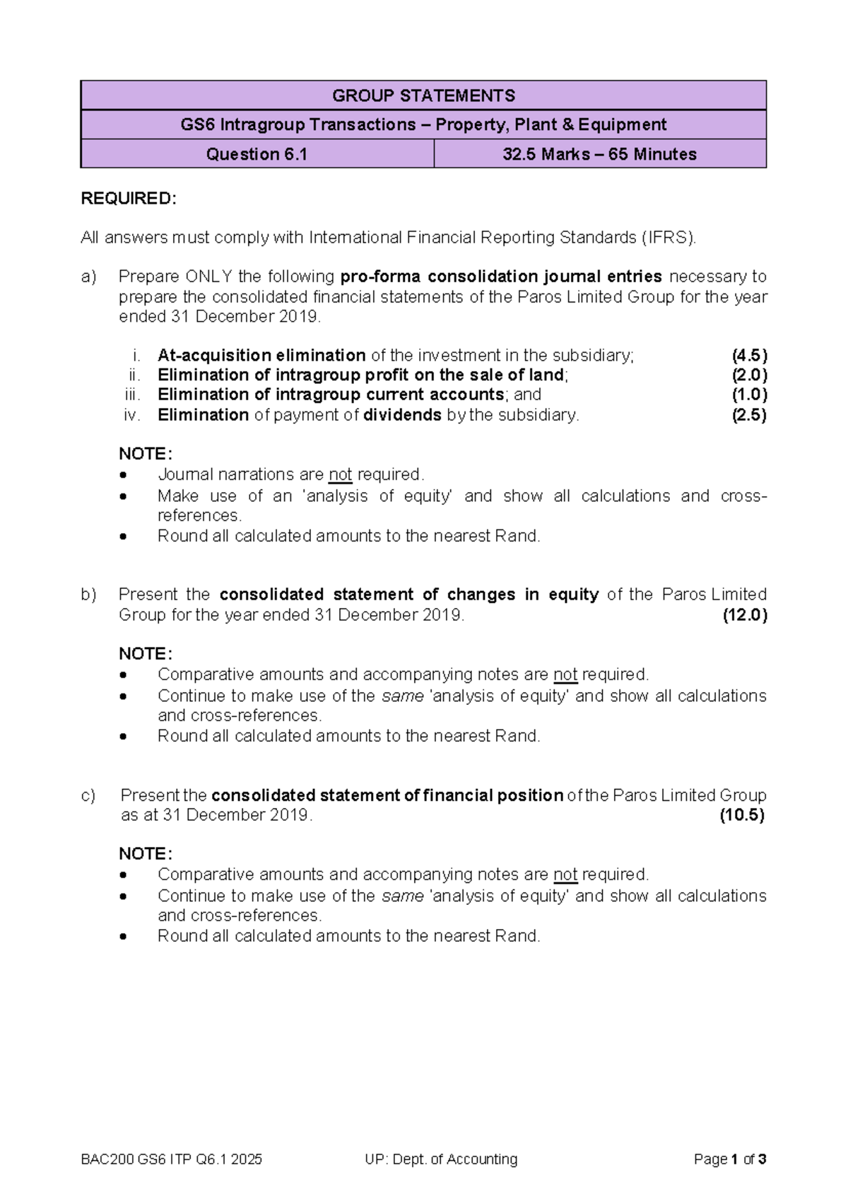 Consolidation Journal Entries for BAC200 GS6 ITP Q6.1 (Paros Ltd) - Studocu