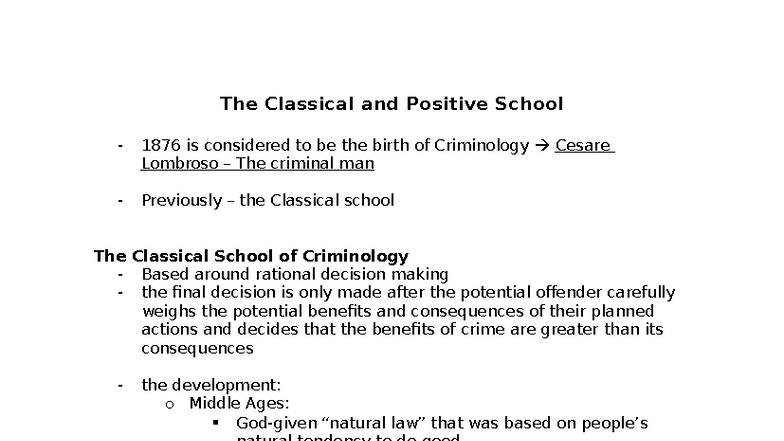 Criminology Foundations: Classical & Positive Schools (1876) - Studocu