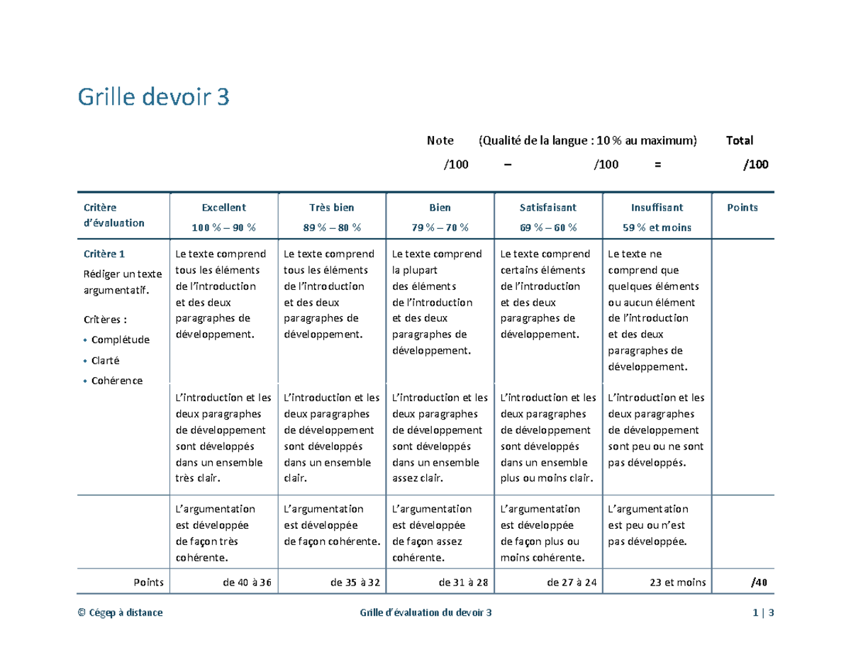 Grille d'évaluation pour le Devoir 3 - Cégep à distance - Studocu