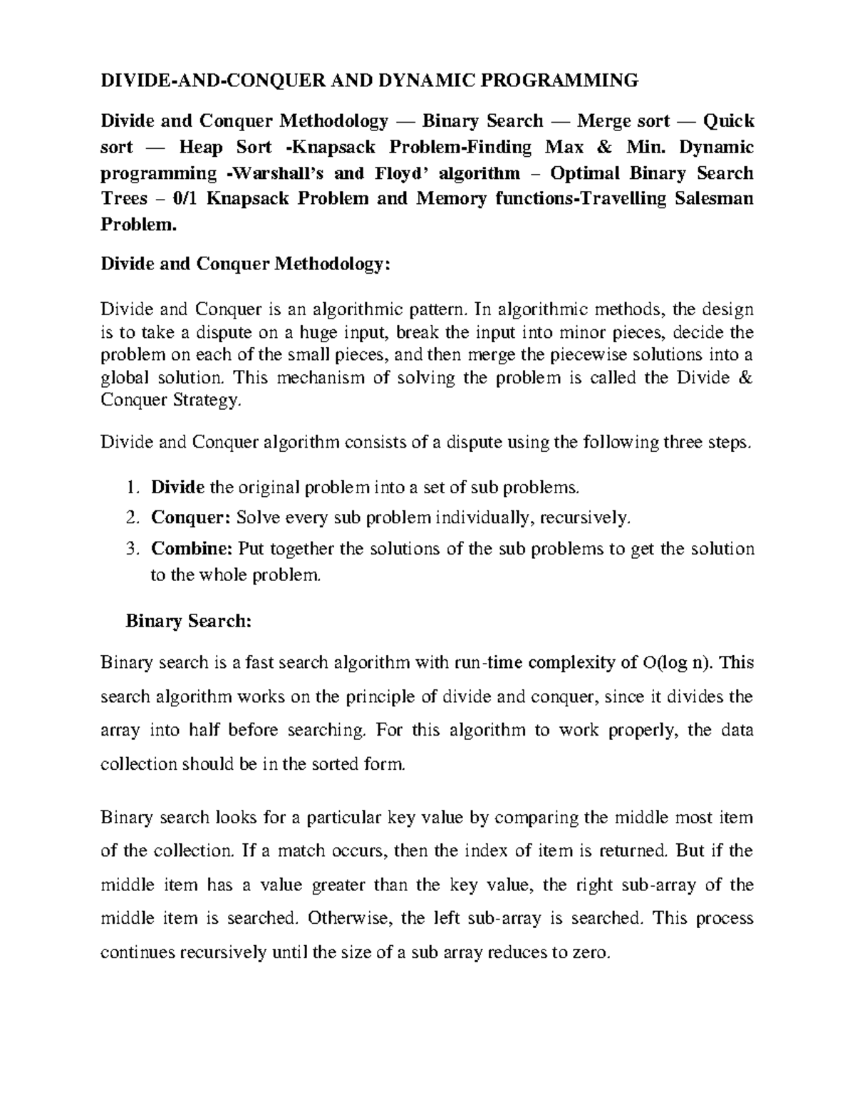 Dynamic Programming & Divide and Conquer: DSA Module 5 Overview - Studocu