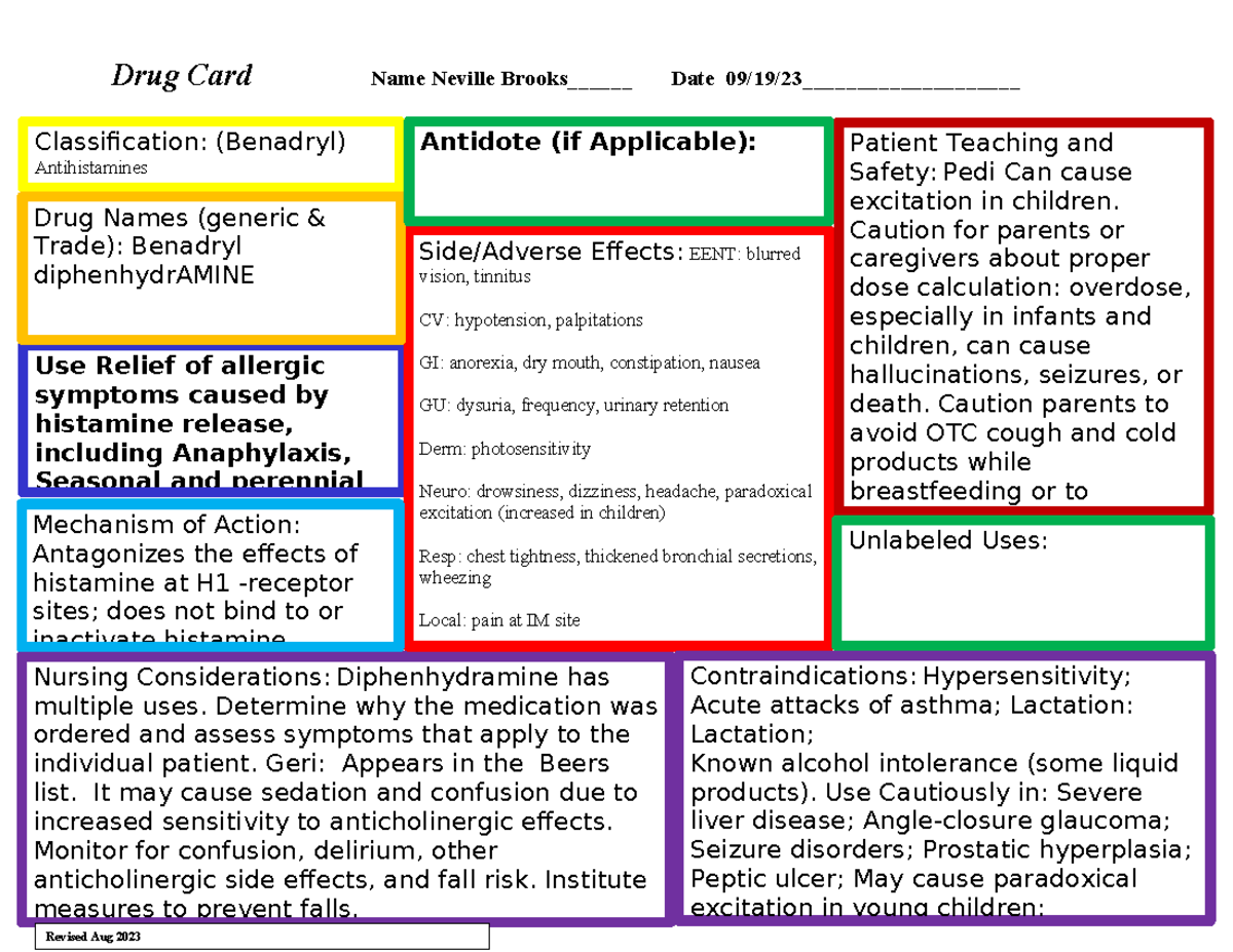 Benadryl (Diphenhydramine) Study Guide - Drug Card Notes - Studocu
