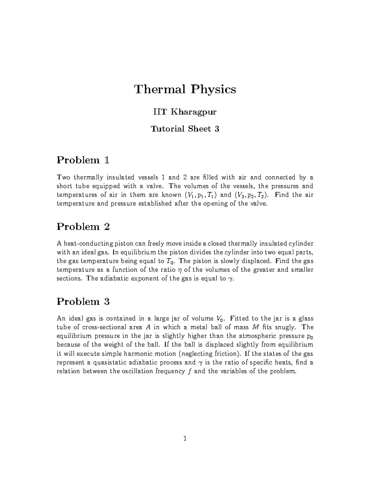 Thermal Physics Tutorial Sheet 3 - Thermal Physics IIT Kharagpur ...