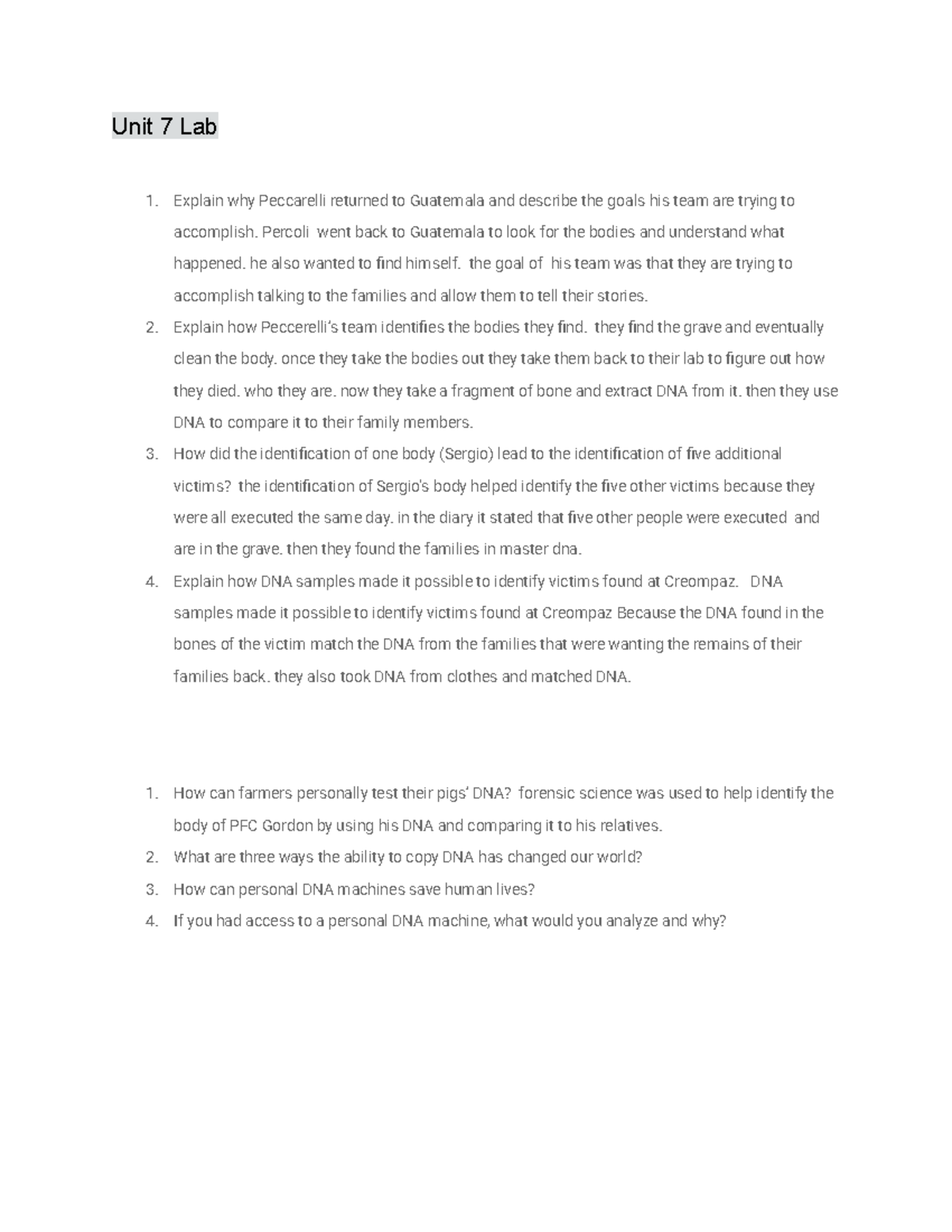 Unit 7 Lab: Investigating DNA Identification Techniques and Methods ...