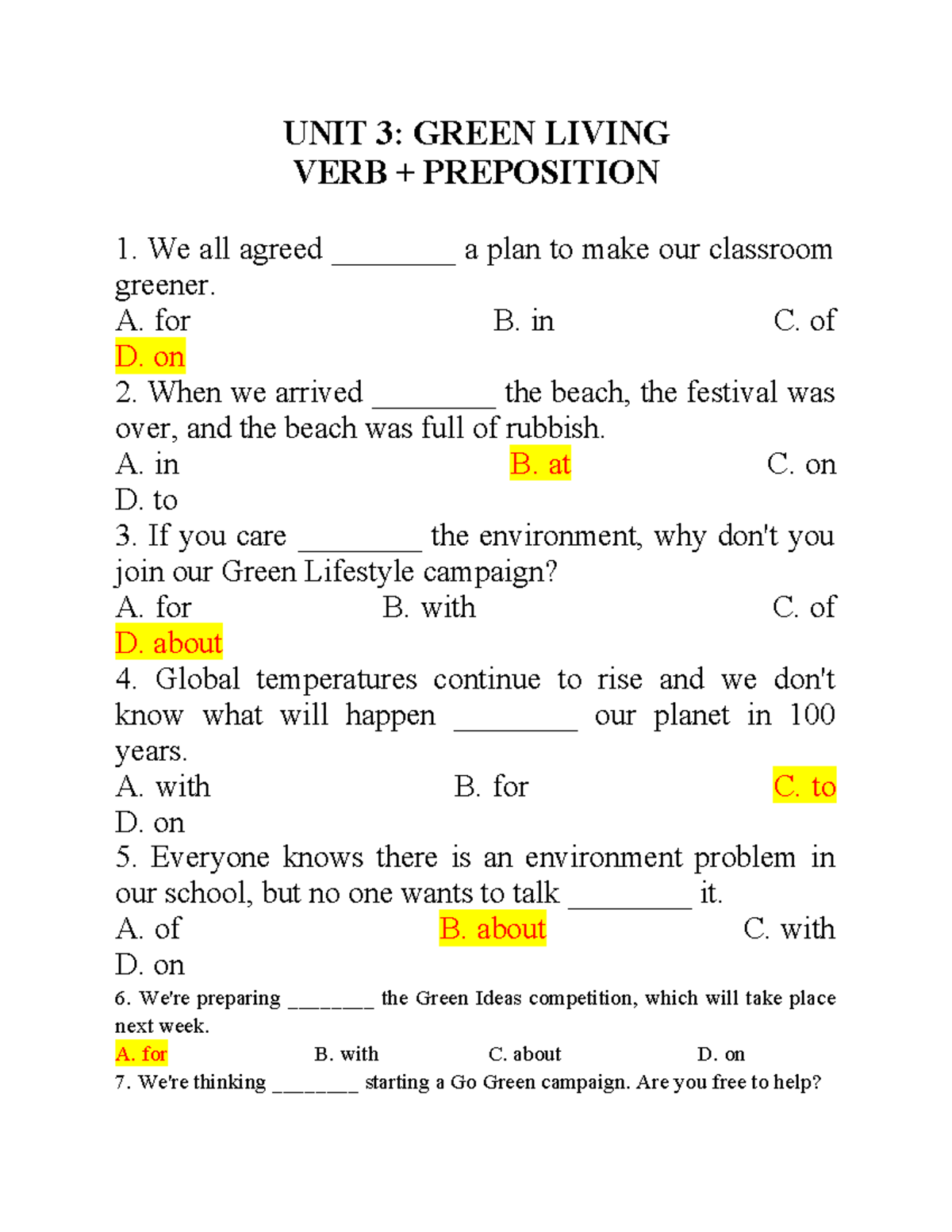 BT U3: Green Living Verb Preposition Exercises and Answers - Studocu
