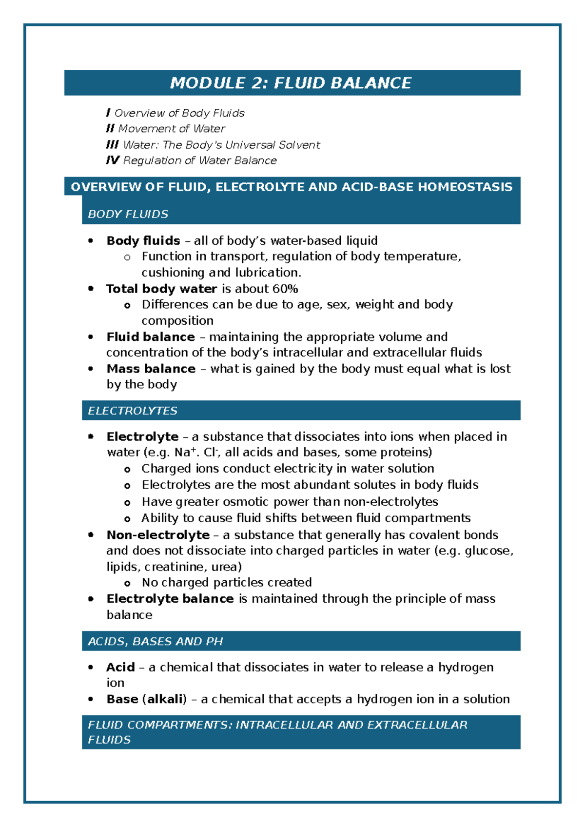 Module 2 Notes - Fluid Balance (I) - MODULE 2: FLUID BALANCE I Overview ...
