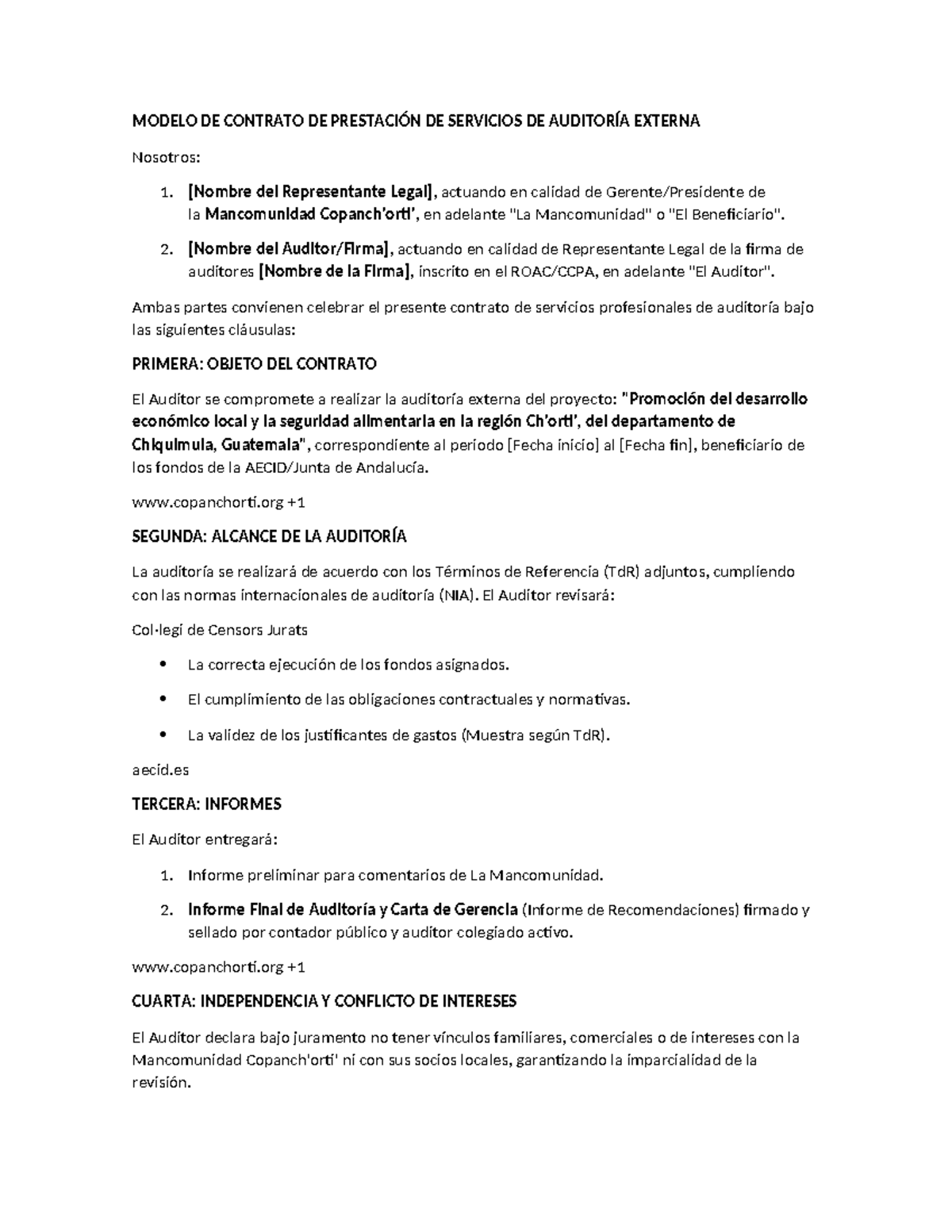 Modelo de Contrato de Servicios de Auditoría Externa - Studocu