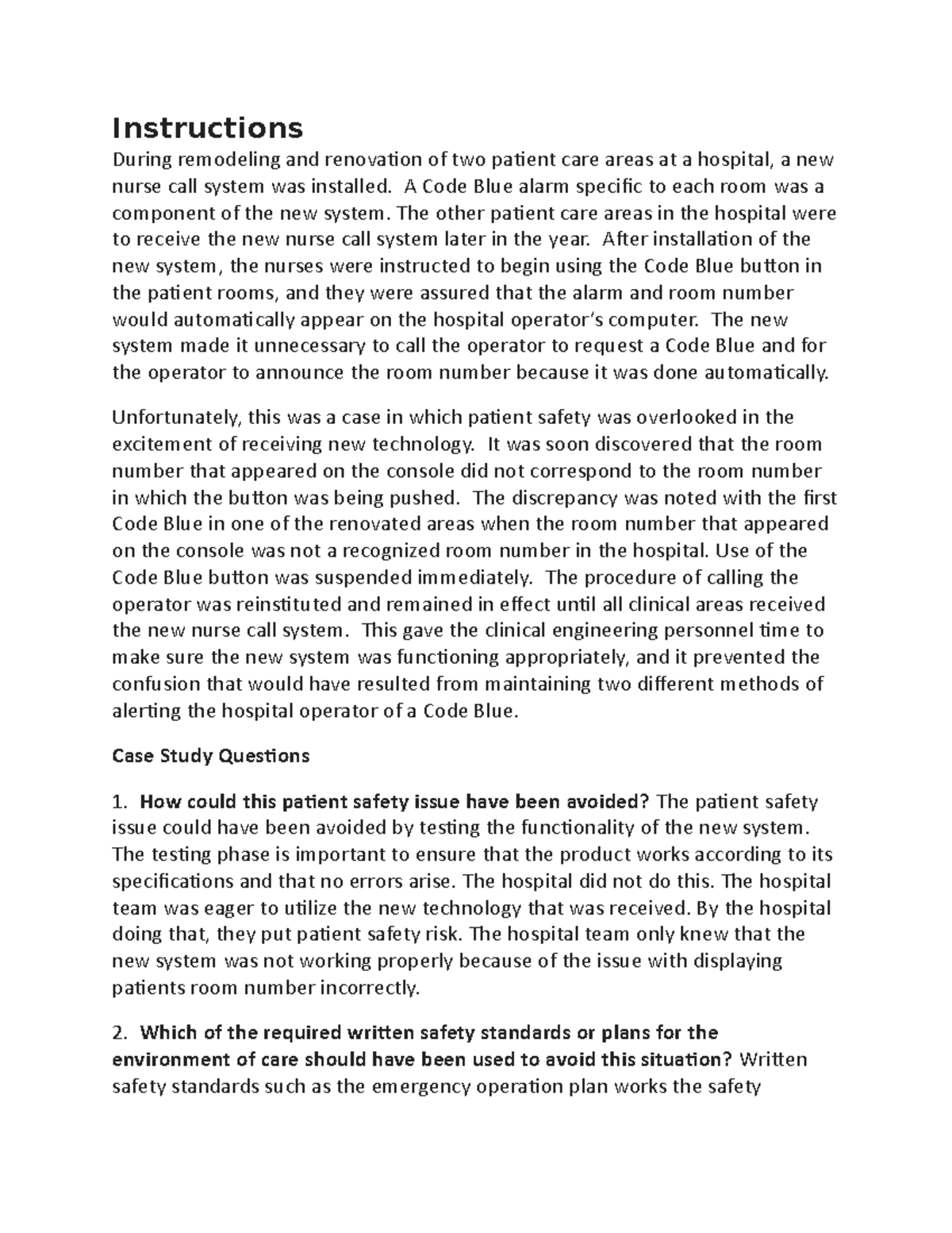 Ch. 13 Case Study: Patient Safety Oversight in Nurse Call System - Studocu