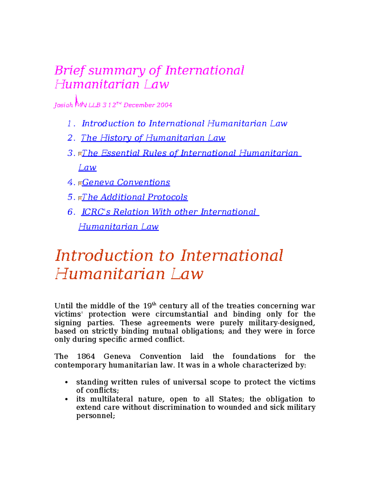 Summary of International Humanitarian Law - Josiah MN LLB 3 - Studocu