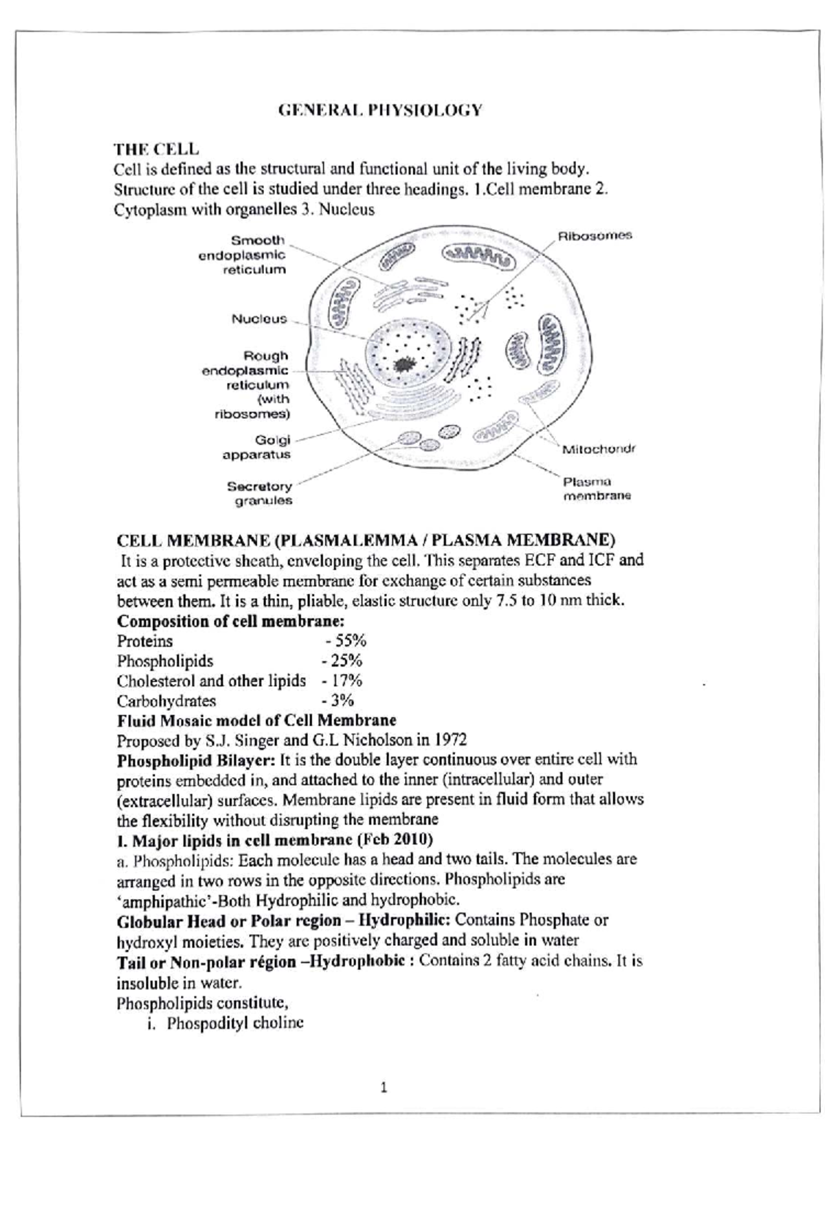 GENERAL PHYSIOLOGY (BIO 101) - CELL STRUCTURE AND FUNCTION NOTES - Studocu