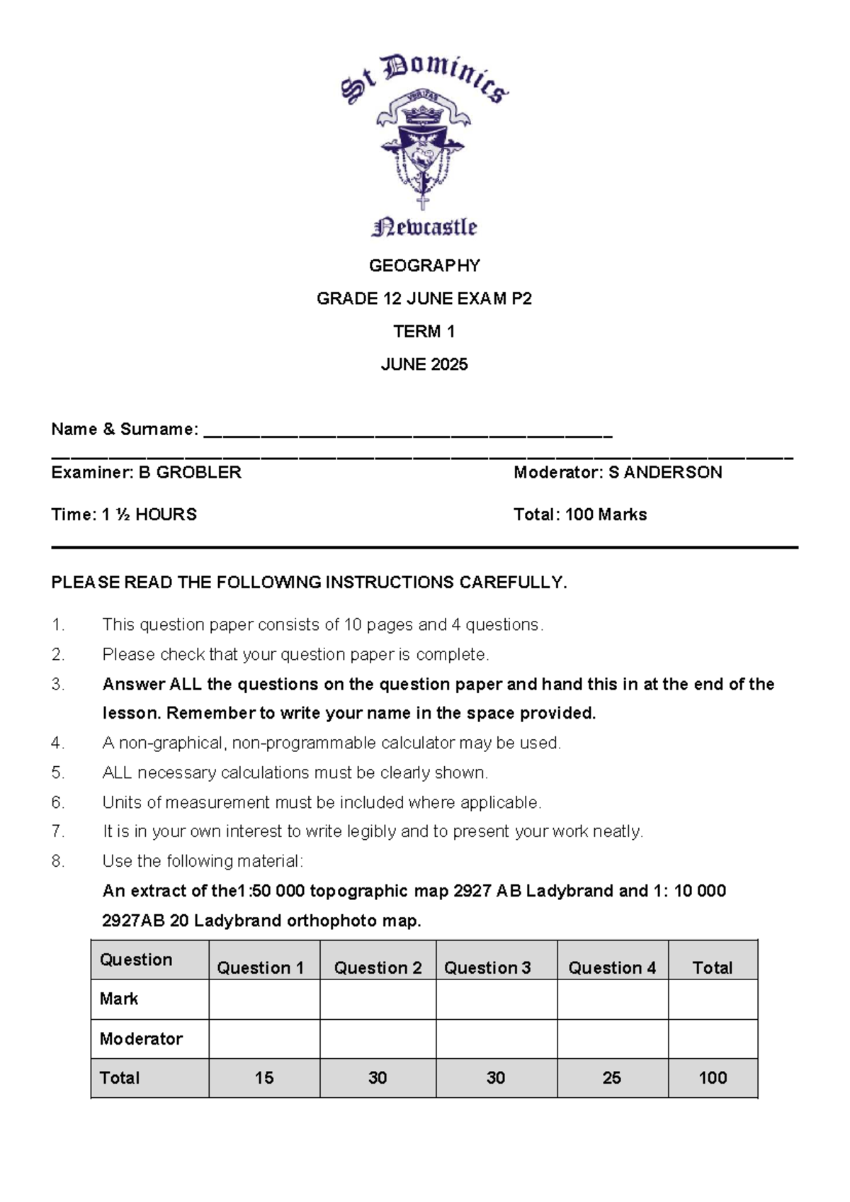 STD Geography Grade 12 June Exam P2 2025 - Question Paper - Studocu