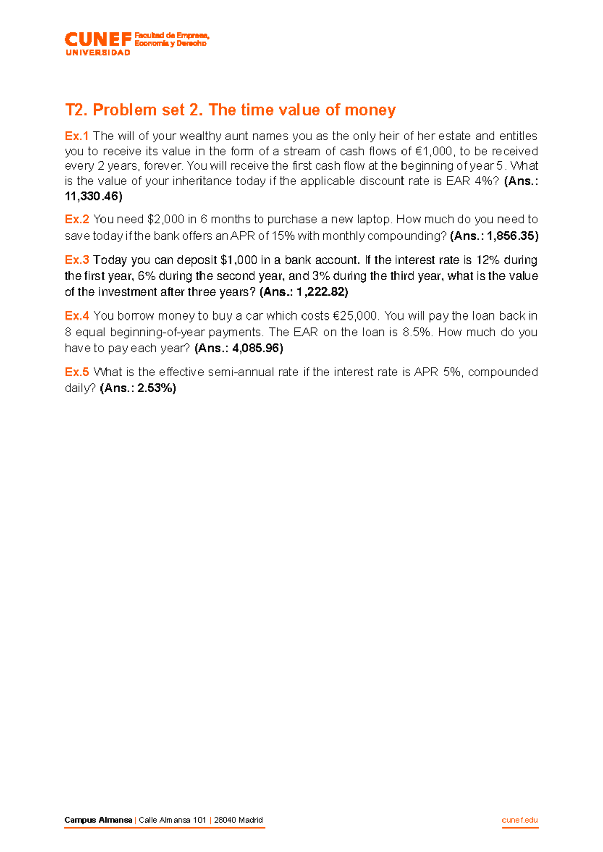 T2. Problem Set 2: Time Value of Money Exercises and Solutions - Studocu