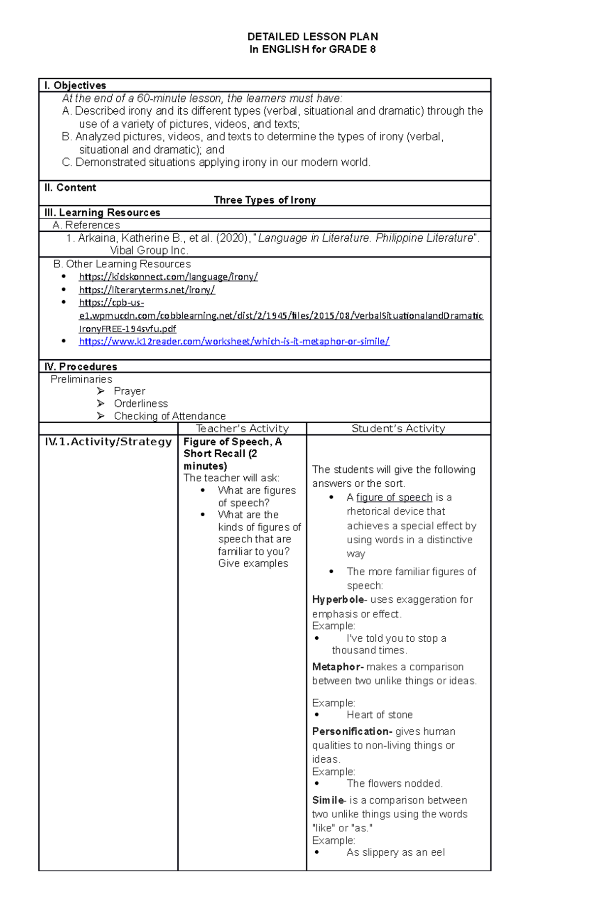 Detailed Lesson Plan on Irony for Grade 8 (ENG) - Studocu