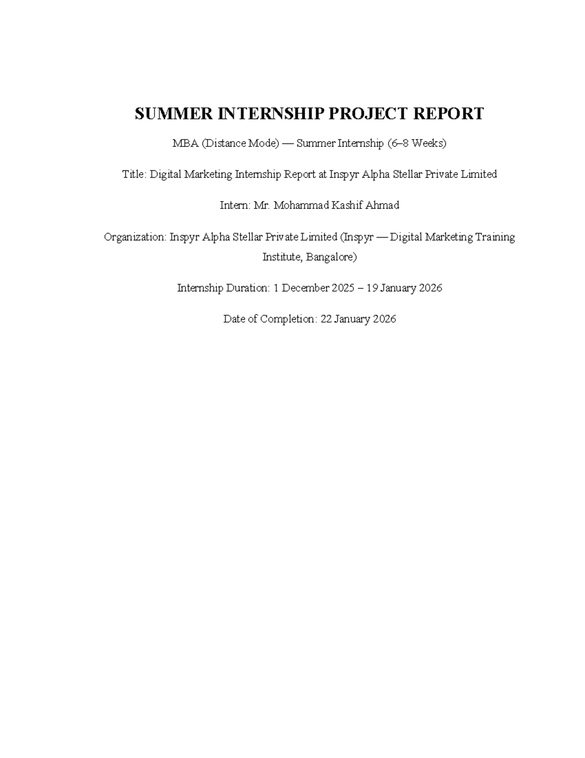 MBA Summer Internship Report: Digital Marketing at Inspyr Alpha - Studocu