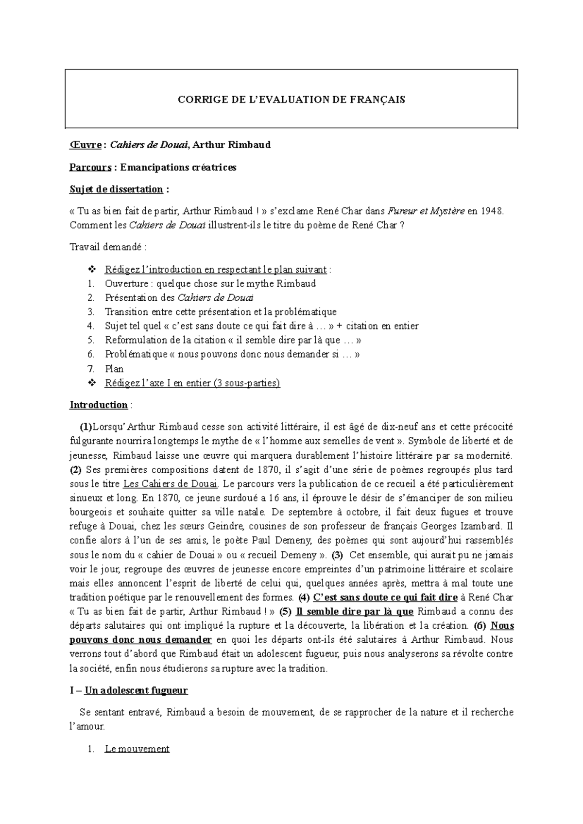 Corrigé de la Dissertation sur Rimbaud : Les Cahiers de Douai Exam 1A5 ...