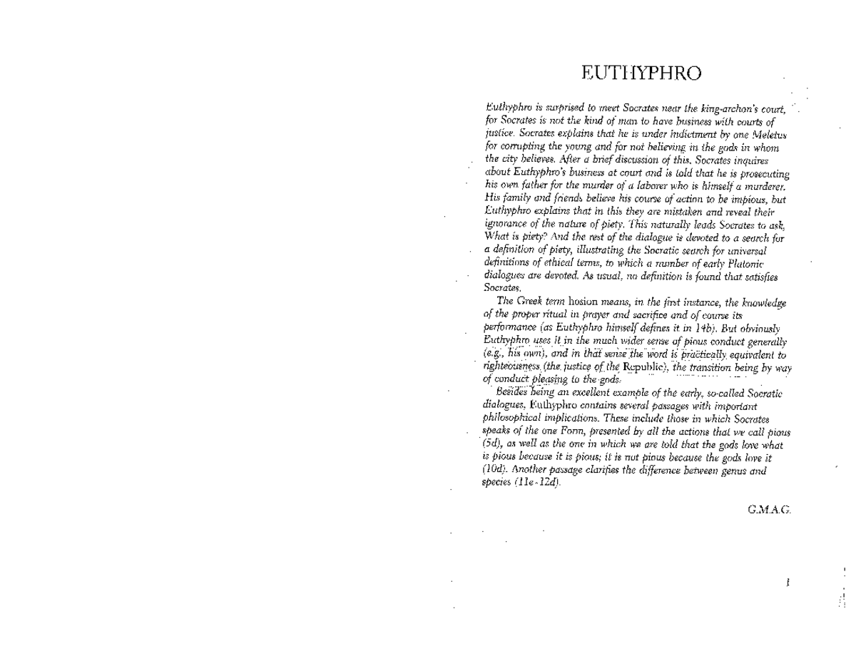 PLATO EUTHYPHRO: Analyzing Piety and Socratic Dialogue Insights - Studocu