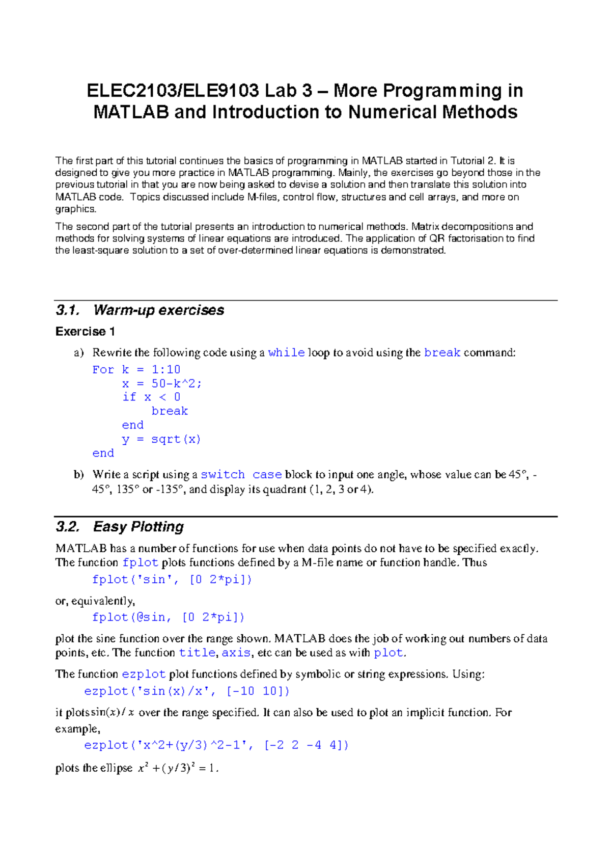 Lab 3: Advanced MATLAB Programming & Intro to Numerical Methods - Studocu