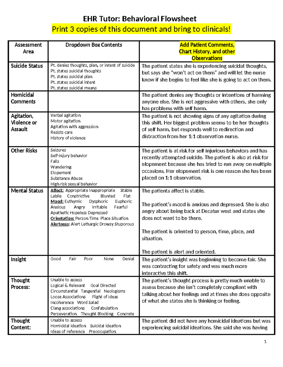 NU 306 Clinical paperwork patient 2 - EHR Tutor: Behavioral Flowsheet ...