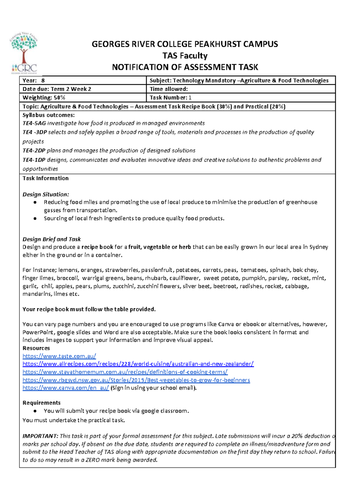 Year 8 Food Tech Assessment Task: Recipe Book Project - Studocu