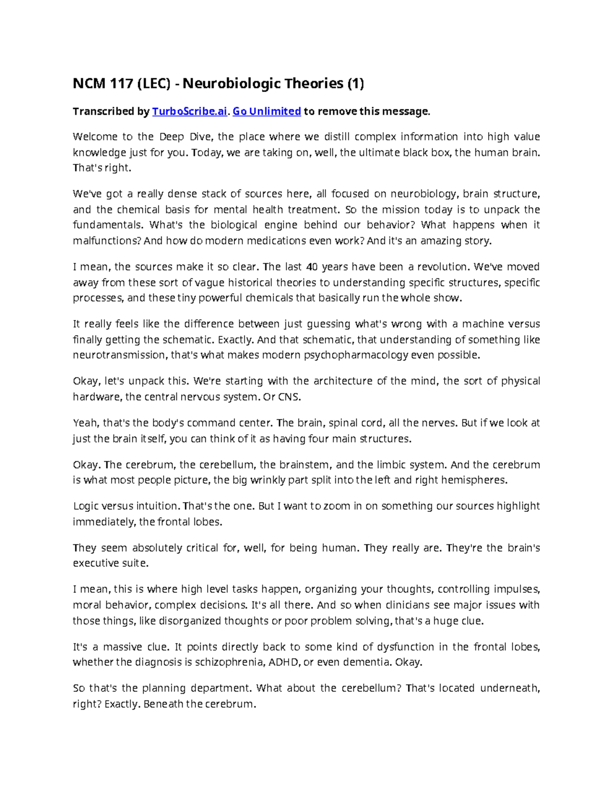 NCM 117 (LEC) - Understanding Neurobiologic Theories and Brain Function ...